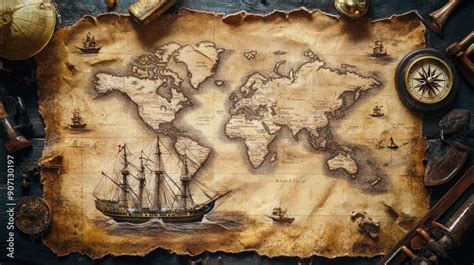 Vintage World Map With Ship And Nautical Instruments Stock Illustration