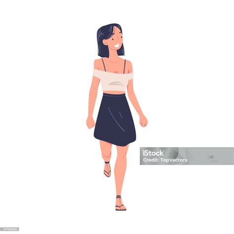 거리에서 산책하고 웃는 여성 캐릭터 워킹 벡터 일러스트 레이 션 개념에 대한 스톡 벡터 아트 및 기타 이미지 개념 거리