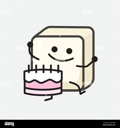 Vector Illustration Of Tofu Character With Cute Face And Simple Body Line Drawing On Isolated