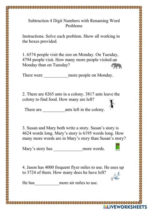 Subtraction Without Renaming Up To 9999 Word Problems Worksheet Worksheets Library