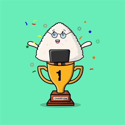 개념 평면 만화 스타일의 트로피에 귀여운 만화 쌀 일본 스시 캐릭터 프리미엄 벡터