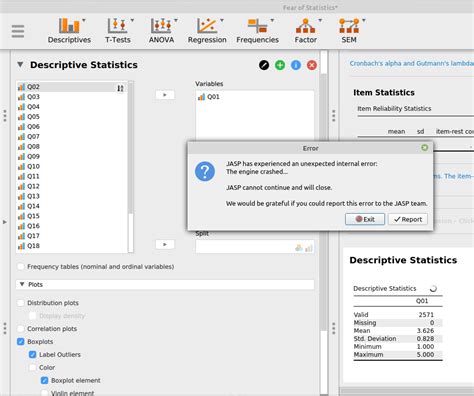 JASP Linux Mint Crashes When Selecting Label Outliers Of Boxplots Issue