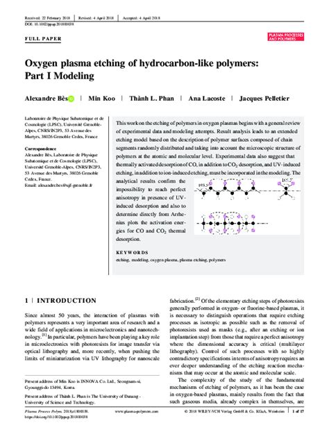Pdf Oxygen Plasma Etching Of Hydrocarbon Like Polymers Part I Modeling
