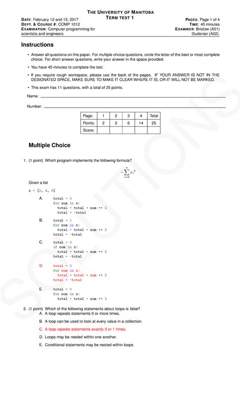 Comp1012 Winter 2018 Term1 Solutions Solutions Date February 12 And