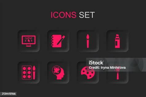 페인트 스프레이 노트북 디자인 프로그램 팔레트 마커 펜 마술 지팡이 브러시 및 수채화 물감 상자 아이콘과 컴퓨터를 설정합니다