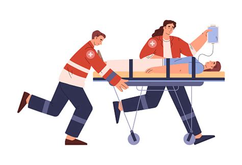 구급대원 팀이 들것에 환자를 태우고 서두르고 흰색 배경에 격리된 평면 벡터 삽화 간호사에 대한 스톡 벡터 아트 및 기타 이미지 간호사 개념 건강관리와 의술 Istock