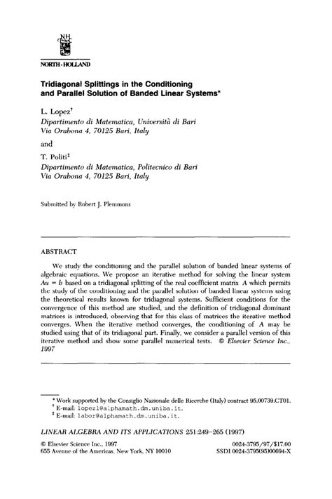 pdf tridiagonal splittings in the conditioning and parallel solution