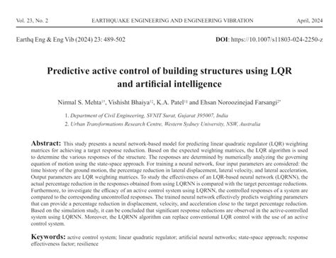 PDF Predictive Active Control Of Building Structures Using LQR And Artificial Intelligence
