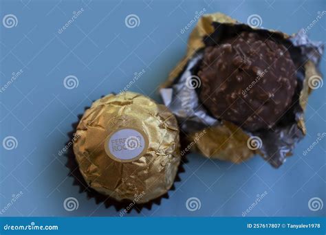 September 7 2022 Ukraine City Kyiv Candy Luxury Ferrero Rocher A Colored Background Editorial