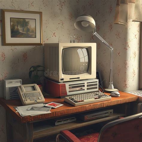 The Captivating Image Portrays A Vintage Computer Setup Featuring An Old Bulky CRT Monitor