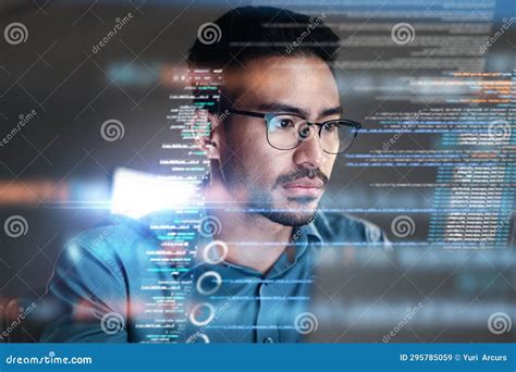 Programming Coding And Man With Focus Hologram And Trading With Cyber Security Futuristic And