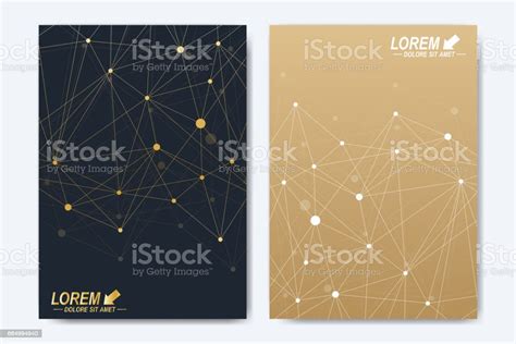 브로셔 전단지 전단지 광고 표지 카탈로그 잡지 또는 연례 보고서에 대한 벡터 템플릿 기하학적 배경 분자 및 통신 황금 사이버 네틱 점 라인 신경총 카드 표면 0명에 대한