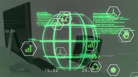 Animation Of Globe Computer Language And Icons Over Desktop And