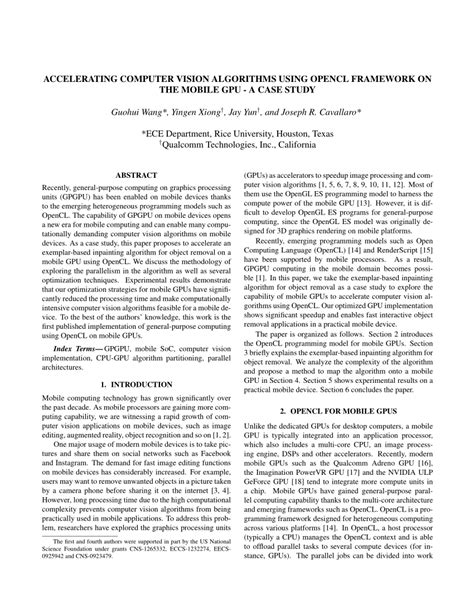 Pdf Accelerating Computer Vision Algorithms Using Opencl Framework On The Mobile Gpu A Case