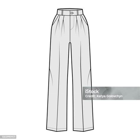 바지 테일러드 테크니컬 패션 일러스트와 연장 된 정상적인 허리 상승 전체 길이 경사 플랩 포켓 0명에 대한 스톡 벡터 아트 및