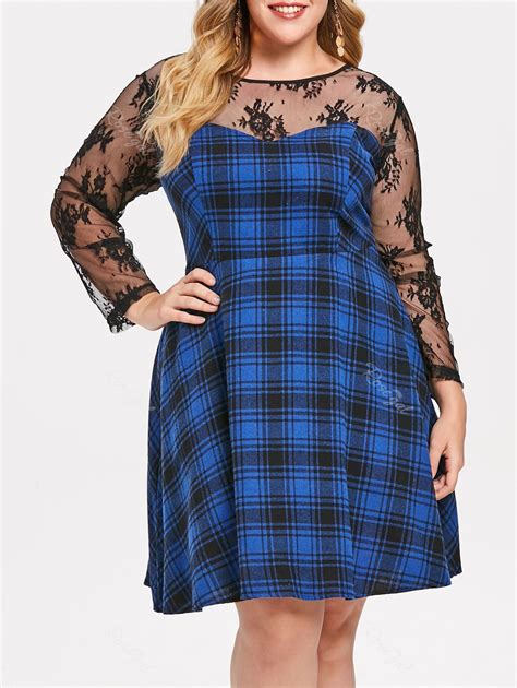 Plus Size Sheer Lace Illusion Checked Skater Dress 45 Off Rosegal
