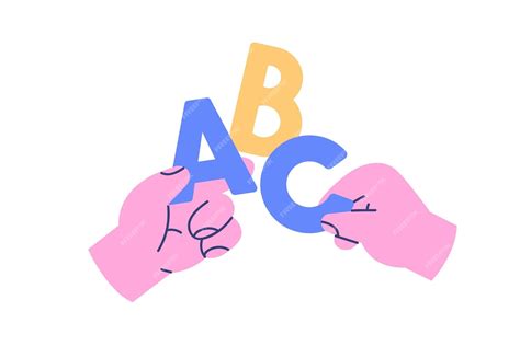Abc 손 아이콘의 기본 알파벳 문자 어린이 교육 학습 공부를 위해 A B C를 들고 있는 팔 초심자를 위한 쉬운 초급 평면 그래픽 벡터 일러스트 레이 션