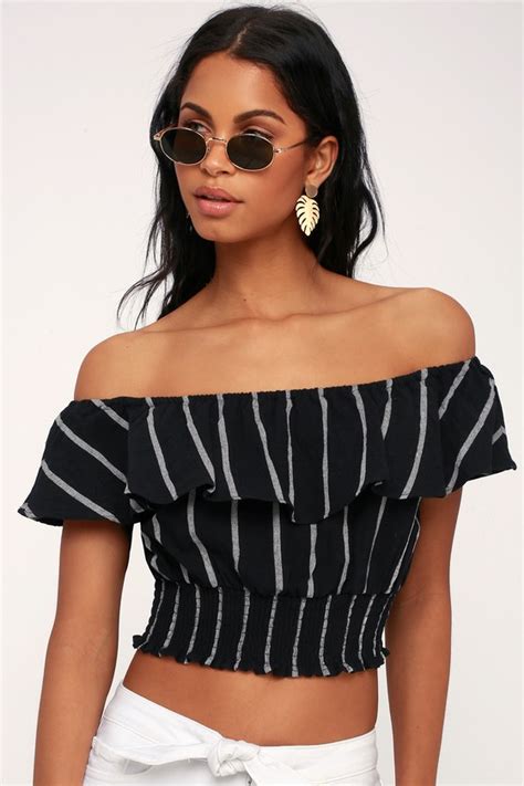 Cute Black Striped Off The Shoulder Top Ots Crop Top Lulus