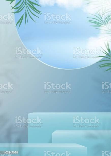 3d 연단 디스플레이 야자 잎 구름 벽 배경에 푸른 하늘 벡터 일러스트 레이 션 배너 실린더 모형 봄 여름 제품 프리젠