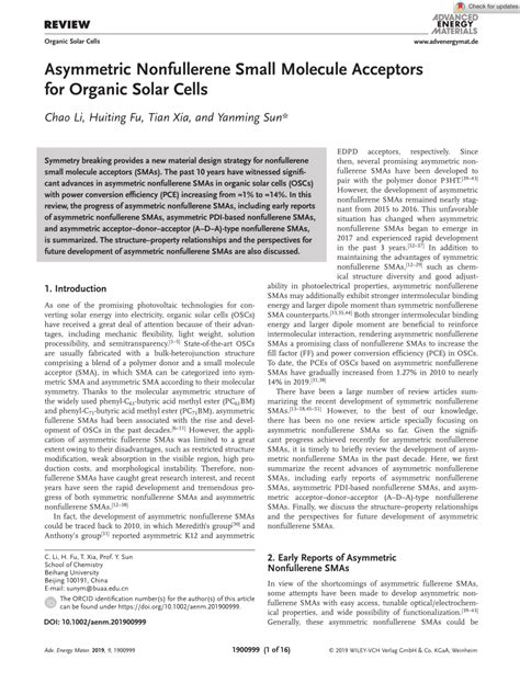 Pdf Asymmetric Nonfullerene Small Molecule Acceptors For Organic Solar Cells