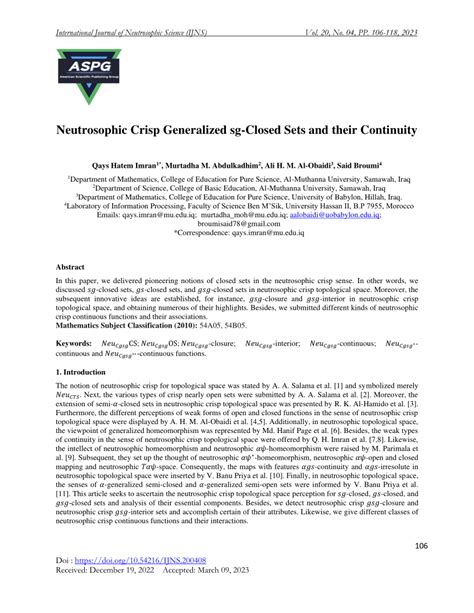 Pdf Neutrosophic Crisp Generalized Sg Closed Sets And Their Continuity