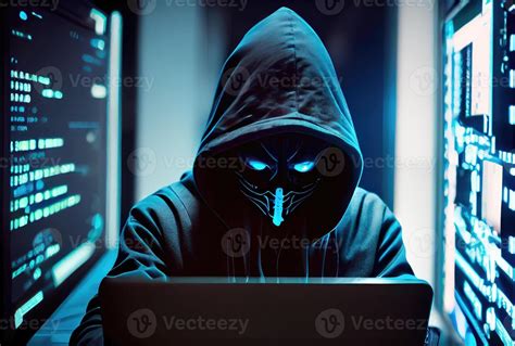 Hacker In The Black Hood In The Server Room Unrecognizable People