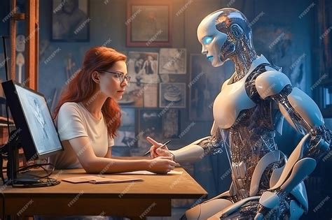 A Female Programmer Discusses Project Details With A Humanoid Robot