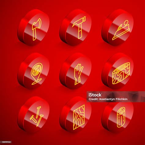 세트 라인 나무 도끼 망치 평면 도구 로그 보호 장갑 나무 그루터기 금속 손톱과 빔 아이콘 벡터 3차원 형태에 대한 스톡 벡터 아트 및 기타 이미지 Istock