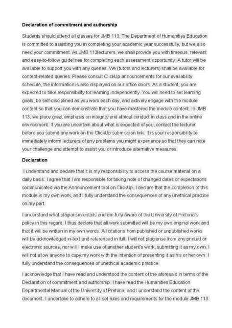 Declaration Of Commitment And Authorship Declaration Of Commitment