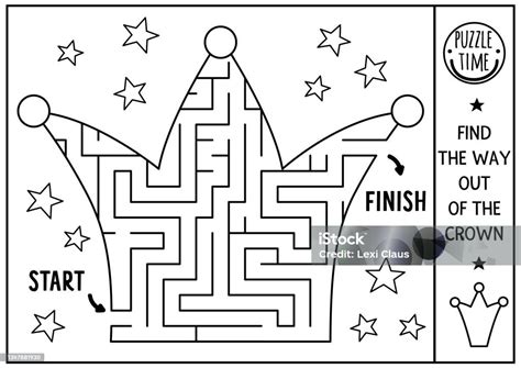 흑백 동화 미로 매직 킹덤 유치원 라인 인쇄 활동 동화 기하학적 미로 게임 또는 왕관 모양의 퍼즐 아이들을위한 킹 테마 색칠 페이지 거리에 대한 스톡 벡터 아트 및 기타