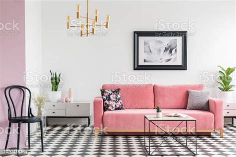 블랙의 자 고 포스터와 식물 화이트 거실 인테리어에 베개로 분홍색 긴의 자 실제 사진 0명에 대한 스톡 사진 및 기타 이미지 0명 가구 가정 생활 Istock