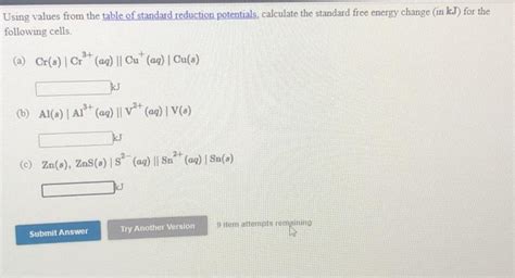 solved using values from the table of standard reduction