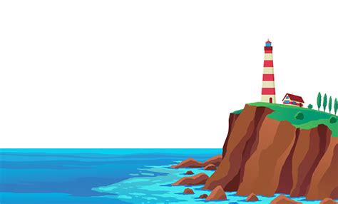 등대 바다 풍경입니다 바위 해안에 항해 항해 타워 절벽에 비콘과 건물이 있는 바다 해변 벡터 컬러 평면 만화 그림 의 바다 경치 0명에 대한 스톡 벡터 아트 및 기타 이미지