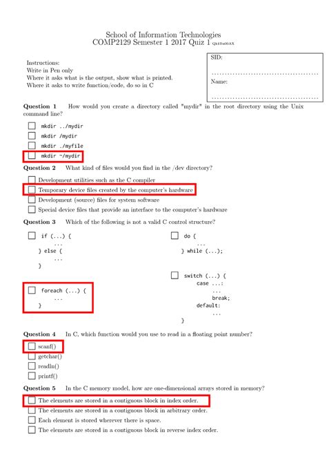 Quiz 1 2020 Questions School Of Information Technologies Comp2129