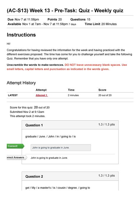 Week 13 Pre Task Quiz Weekly Quiz Ingles IV AC S13 Week 13 Pre Task Quiz Weekly