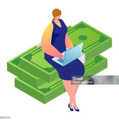 돈 더미에 앉아서 노트북으로 작업하는 여자 온라인 소득 및 재정적 성공 개념 부와 투자 벡터 일러스트 레이 션 개념과 주제에 대한 스톡 벡터 아트 및 기타 이미지 Istock