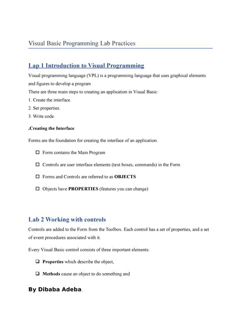 Visual Basic Programming Lab Practices Set Properties Write Code