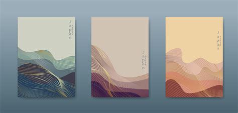 Japanese Landscape Background Set Cards Gold Line Wave Pattern Vector