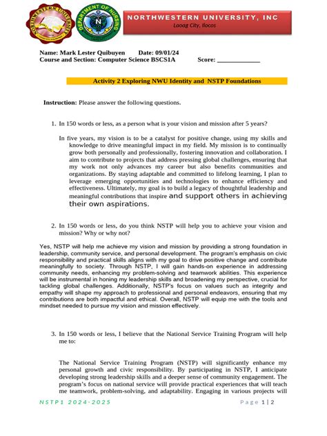 Activity 2 Exploring Nwu Identity And Nstp Foundations Pdf Leadership Cognition