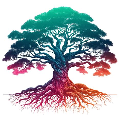 Colored Tree Drawing With Roots A Sturdy Tree With Deep Roots And Lush