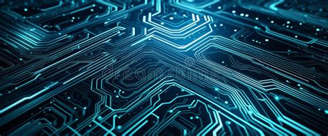 Futuristic Circuit Board With Neon Blue Patterns And Electronic Pathways Stock Image Image Of