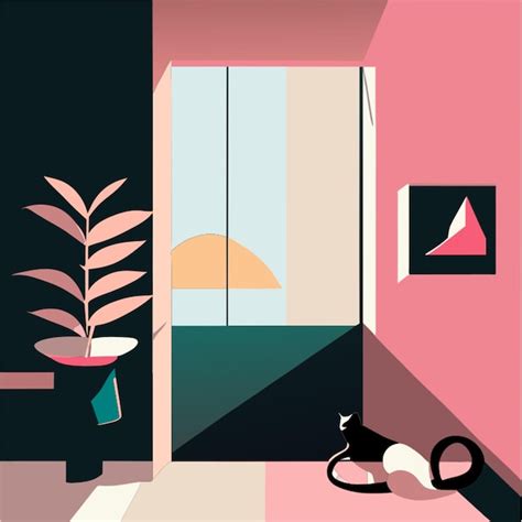 집에서 미니멀리스트 고양이 파스텔 터 일러스트레이션 플래트 2 프리미엄 Ai 생성 벡터