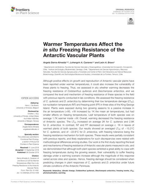 Pdf Warmer Temperatures Affect The In Situ Freezing Resistance Of The