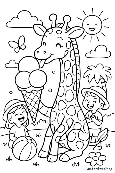 Giraffe Mit Eistüte Im Sommer Zum Ausmalen Gratis Ausmalbild Zum
