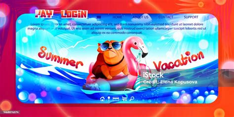 만화 스타일의 해변 휴가 웹 템플릿입니다 여름 햇볕이 잘 드는 열대 풍경을 배경으로 물 위에서 일광욕을 하는 불독이 있는 팽창식