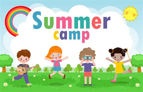 어린이 여름 캠프 배경 교육 광고 브로셔 또는 포스터를위한 템플릿 캠핑 포스터 전단지 템플릿 텍스트 벡터 일러스트레이션에서