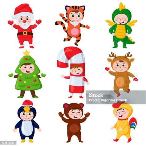 크리스마스 의상을 입은 만화 아이들 카니발 파티 순록 전나무 나무와 펭귄 의상 벡터 일러스트 세트에서 아이들 크리스마스 의상을