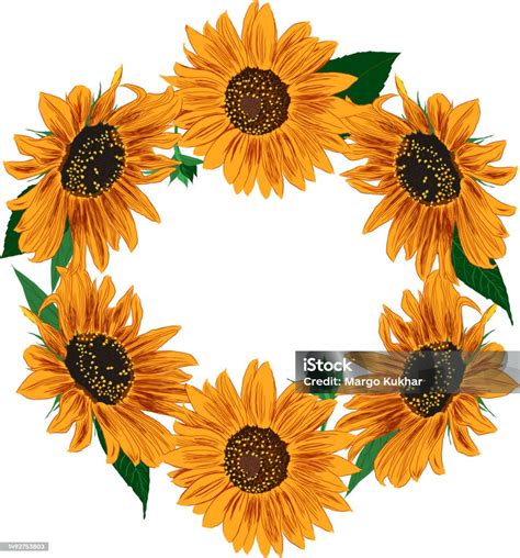 해바라기와 나뭇잎의 프레임입니다 꽃 화환 밝고 다채로운 예술적 테두리 손으로 그림을 그리는 꽃 그림 다양한 소셜 미디어 디자인을 위한 요소 흰색으로 분리된 벡터 그림입니다
