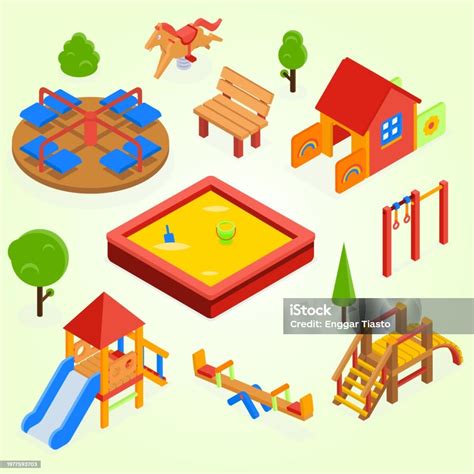 아이 소 메트릭 3d 놀이터 아이콘 세트 벤치 회전 목마 슬라이드 스윙 시소 샌드 박스 벡터 일러스트 레이 션 3차원 형태에