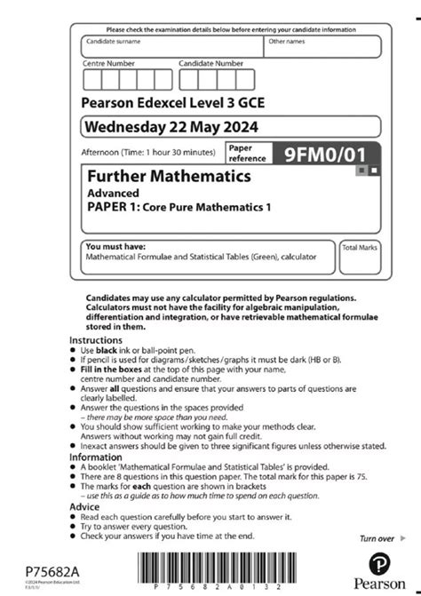 edexcel a level further maths 2024 paper 1 core pure mathematics 1 qp